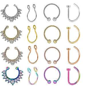 Vitaltyextracts 16pcs Fake Nose Rings Hoop Stainless Steel Faux Fake Lip Ear Nose Septum Ring Non-Pierced Clip On Nose Hoop Rings