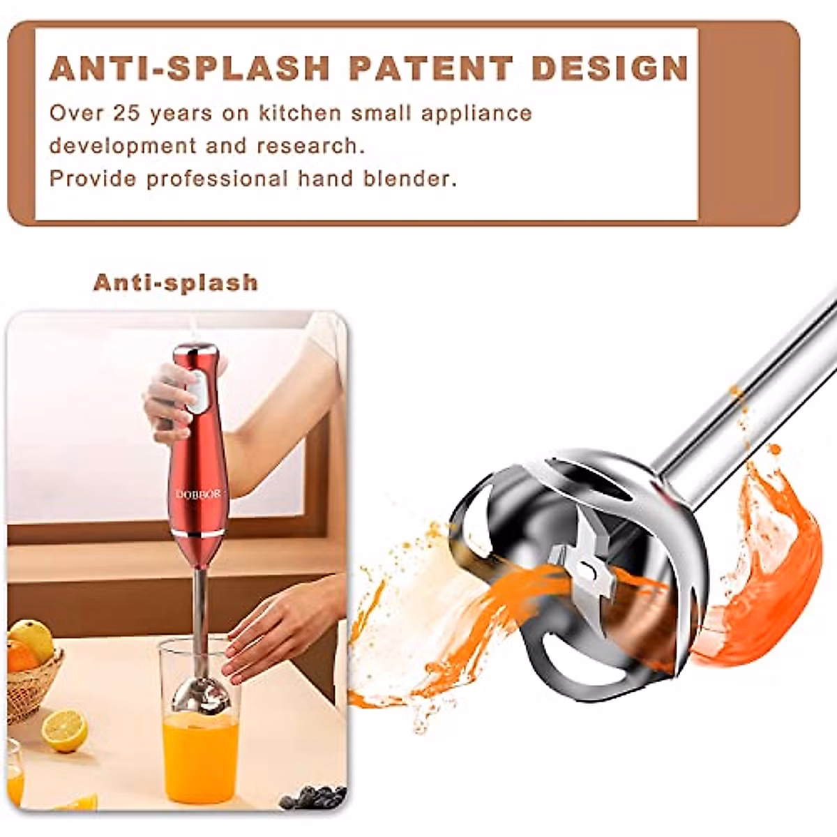 DOBBOR Immersion Blender, 1000W 4 in 1 Hand Blender with Chopper, Whisk, 600ML Mixing Beaker, Electric Stick Blender, Ergonomic handle with Anti Splash & Collision