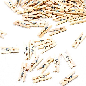 FOONEA Sturdy Mini Clothes Pins for Photo, 100 Pcs 1 Inch Natural Wooden Clothespins with 33 FT Jute Twine, Small Clips for Crafts Display, Baby Shower Game, Hanging Decorative Pictures