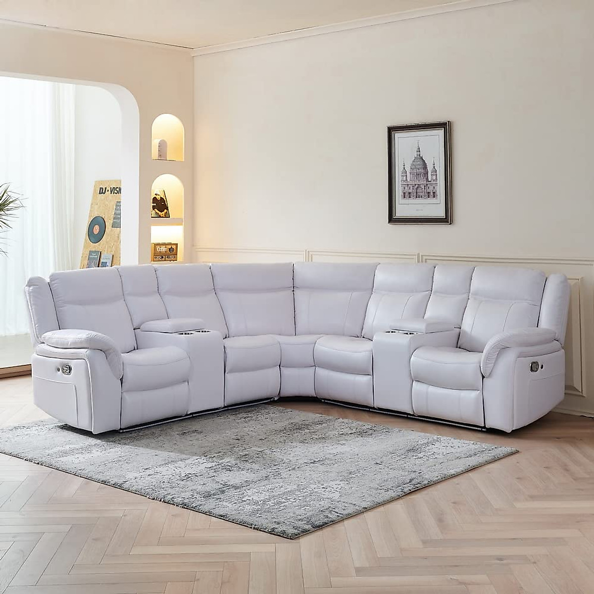 Eafurn 106.3" Manual Reclining Sectional Set w/ 2 Center Consoles,Faux Leather Upholstered Motion 4 Cup Holders and LED Light Strips,Symmetrical Corner Sofa & Couches, Home Theater Lounge Seat, White