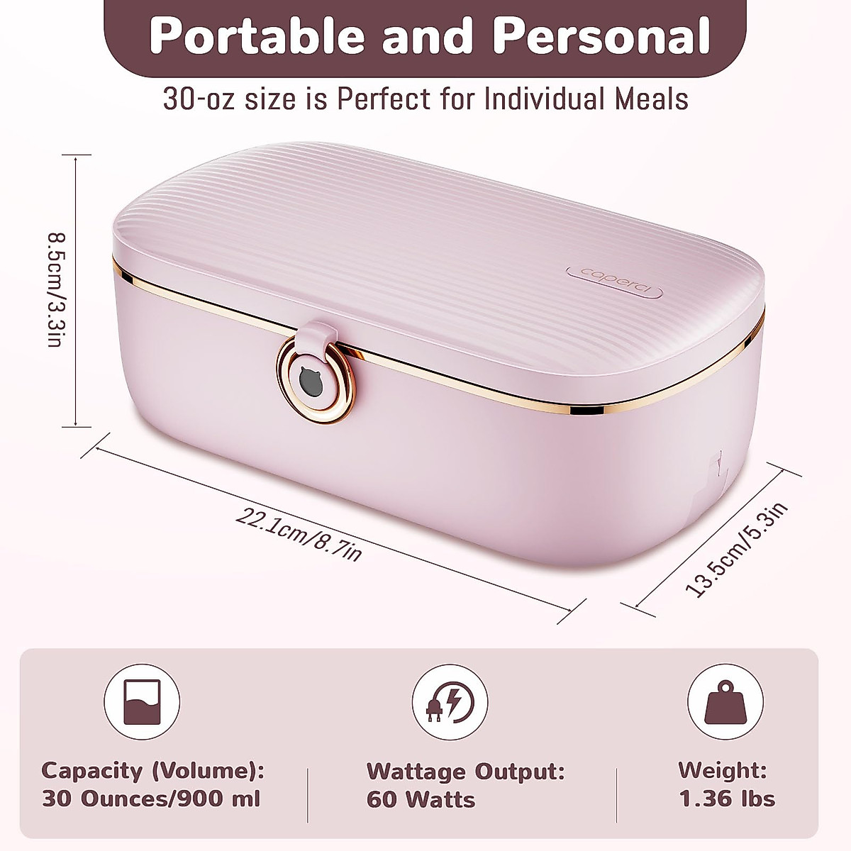 Caperci Electric Lunch Box Food Heater, 30 oz Portable Food Warmer - 110V Faster Leakproof Heated Lunch Boxes for Adults with Stainless Steel Container for Travel, Office, Home (Pink)