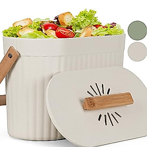 Odorless Counter Top Compost Bucket with Lid - Yatmung Small Kitchen Compost Bin Countertop - Narrow Sustainable Bamboo Composting Pail - Indoor Composter - Slim Food Waste Bin for Kitchen - Cream