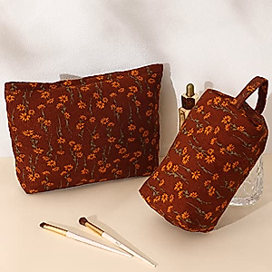 MHDGG 2 Pieces Makeup Bag Set Large Travel Makeup Bag Floral Cosmetic Bag Makeup Bag Pouch Travel Cosmetic Organizer for Women,Brown