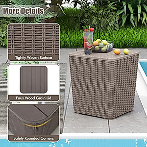 Tangkula 11.5 Gallon Water-proof Deck Box, Outdoo Patio Storage Box w/Removable Lid &, Faux Rattan Storage Container Side Table, All Weather Patio Furniture Extra Seat for Poolside (Brown)