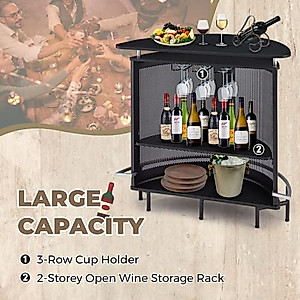 JOMEED Bar Table with Storage, High Top Table with Metal Mesh Front, Goblet Holders and Footrest, Semi Cylindrical Shape Black Liquor Bar for Home