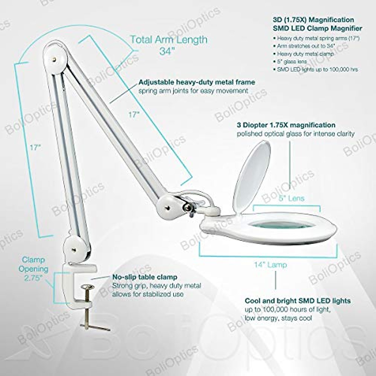(5 inch Glass Lens) Professional LED Magnifying Lamp with Clamp, Dimmable, 1200 Lumens 5600K-6000K Daylight Bright 60 SMD LED, Work Light Mounting Bracket Clamp (3 Diopter) BoliOptics MG16303121