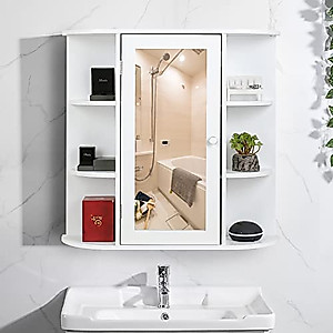 SOMY Medicine Cabinet with Mirror Door, Wood Wall Cabinet with 6 Tier Open