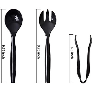 VeZee's Plastic Serving Utensils, Black Heavy Duty Disposable utensil | Set 10" Spoons 10" Forks 6" Tongs | 6 Each in One Set| 18 Pcs