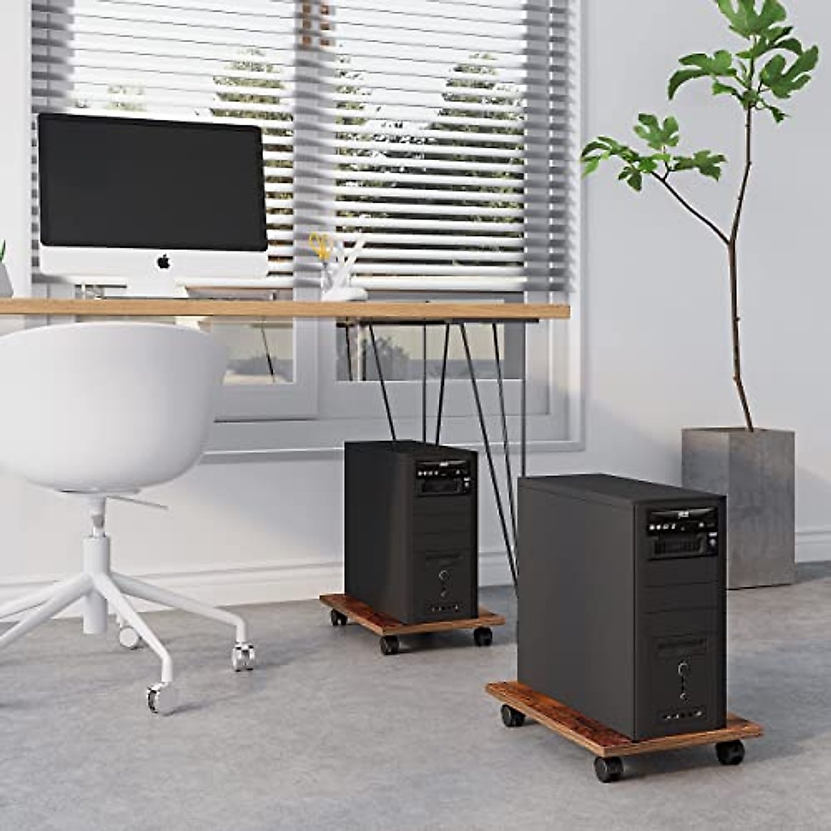 JOIN IRON CPU Stand Computer Tower Stand, Set of 2 Pc Tower Stand, Floor Pc Stand for Under Desk, Wood CPU Holder Stand Cart with Lockable Wheels, for Office, Home（Brown (Set of 2)