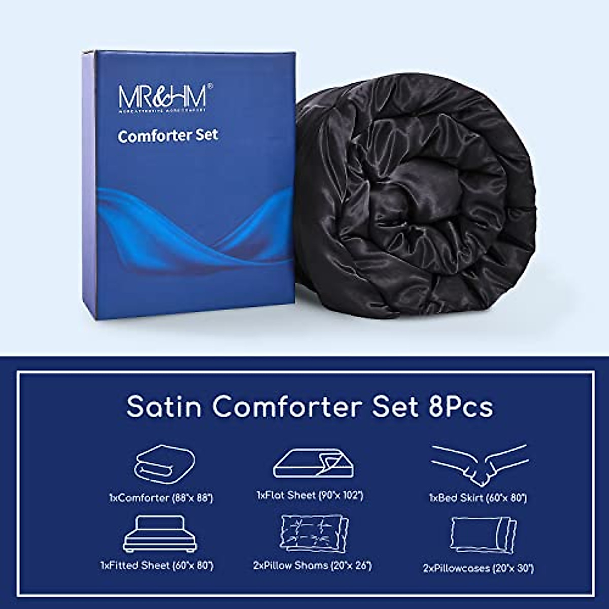 MR&HM Satin Comforter Queen 8 Pieces - Luxurious Pinch Pleat Bedding Set with Comforter, Sheets, Bed Skirt, Pillowcases & Shams, Super Silky Soft Bed Set for All Season (Queen, Black)