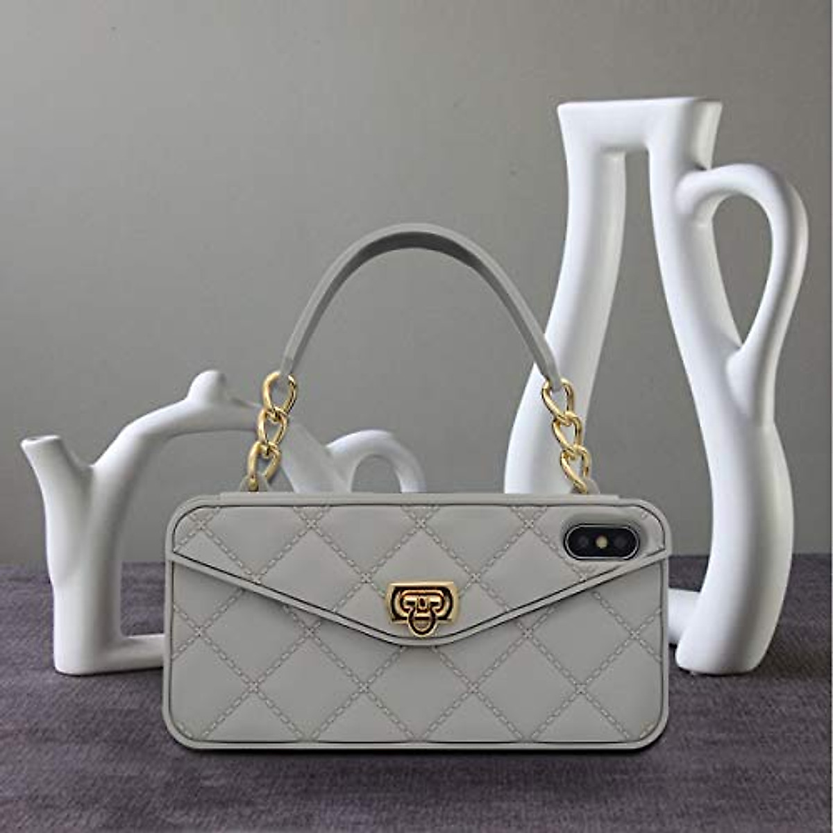 Omio for iPhone 12 Pro Max Handbag Case with Card Holder Wrist Lanyard Strap Soft Silicone Cover for iPhone 12 Pro Max Wallet Case for Women Luxury Stylish Long Pearl Crossbody Chain Case Gray