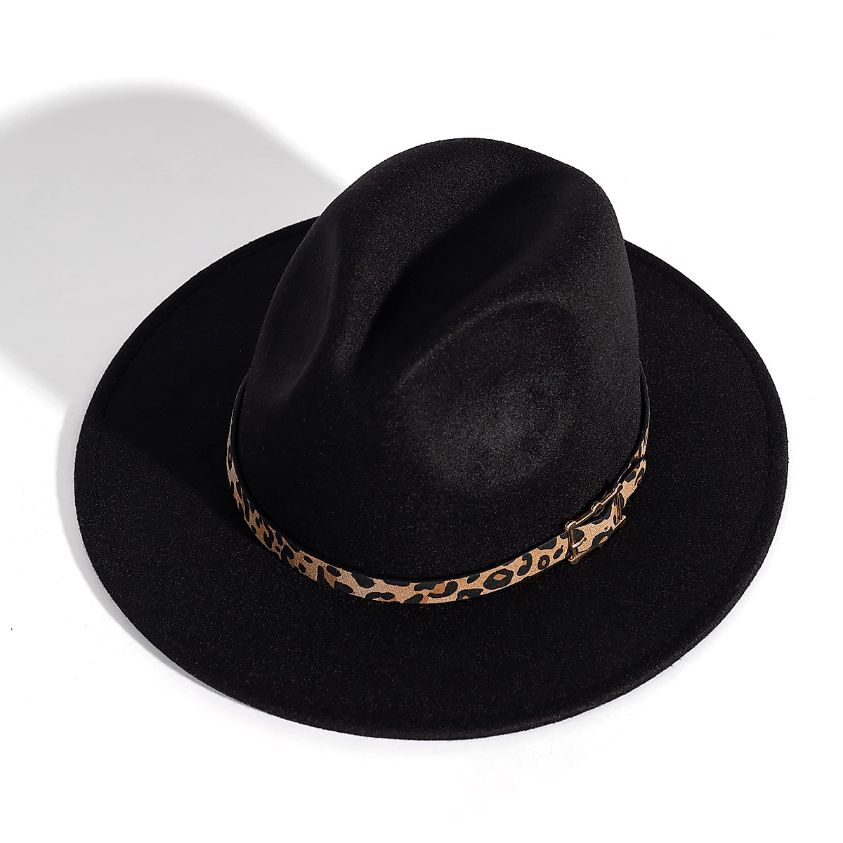 HUDANHUWEI Women's Wide Brim Felt Fedora Panama Hat with Leopard Belt Buckle Black