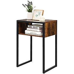 Giantex Industrial Side Table, Small End Table with Open Storage Compartment and Metal Frame, Wood Bedside Tables, Night Stand for Living Room Bedroom, Easy Assembly, Rustic Brown