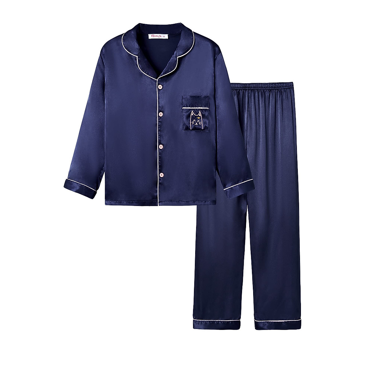 Topgal Junior Pajamas for Teen Girl - Satin Silky Button Up Cute Pyjama PJS Size 16 Navy