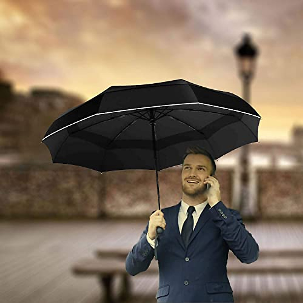 MRTLLOA 49 Inch Large Windproof Travel Umbrella, Double Canopy Vented Waterproof Compact Folding Golf Umbrellas for Rain, Portable for Car, Backpack, Luggage(49 Inch, Black)