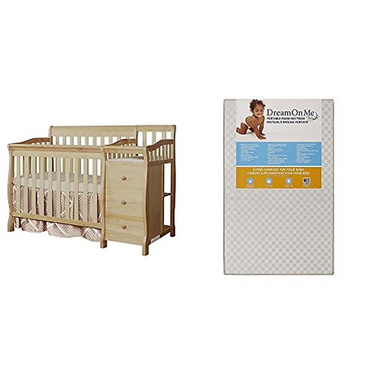 Dream On Me Jayden 4 in 1 Convertible Portable Crib w/ Changer with Dream On Me 3 Portable Crib Mattress, White