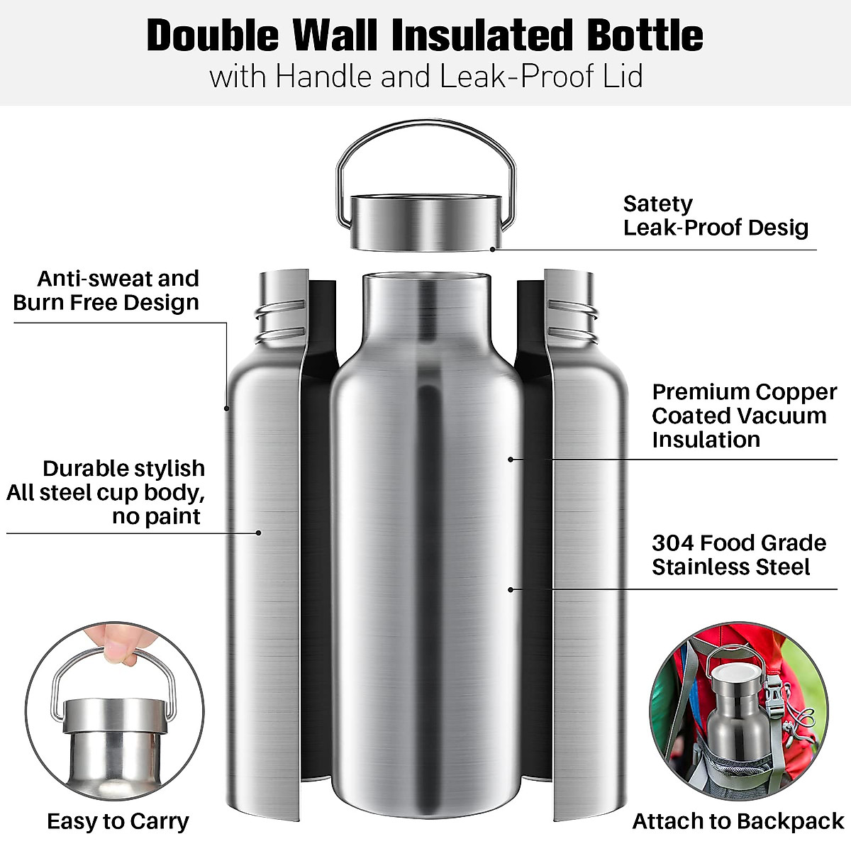 10 Pack 17oz Stainless Steel Sports Water Bottle Double Wall Insulated Bottle with Handle and Vacuum Seal Leakproof Lid for Cyclists Runners Hikers Beach Goers Picnics Camping Gift (Silver)