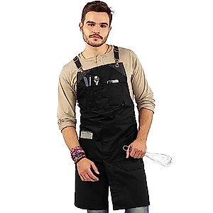 Under NY Sky Cross-Back Deep Black Apron - Durable Twill with Leather Reinforcement and Split-Leg - Adjustable for Men and Women - Pro Chef, Tattoo, Baker, Barista, Bartender, Stylist, Server Aprons