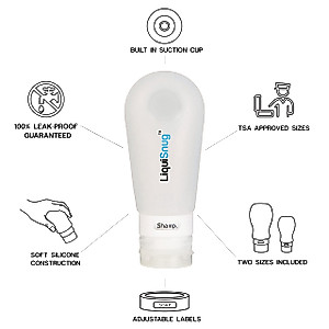 LiquiSnugs Premium - 100% Guaranteed Leak Proof Silicone Travel Bottles For Toiletries - TSA Approved Container. Premium Range Travel Shampoo Bottles with Suction Cups and Adjustable Labels