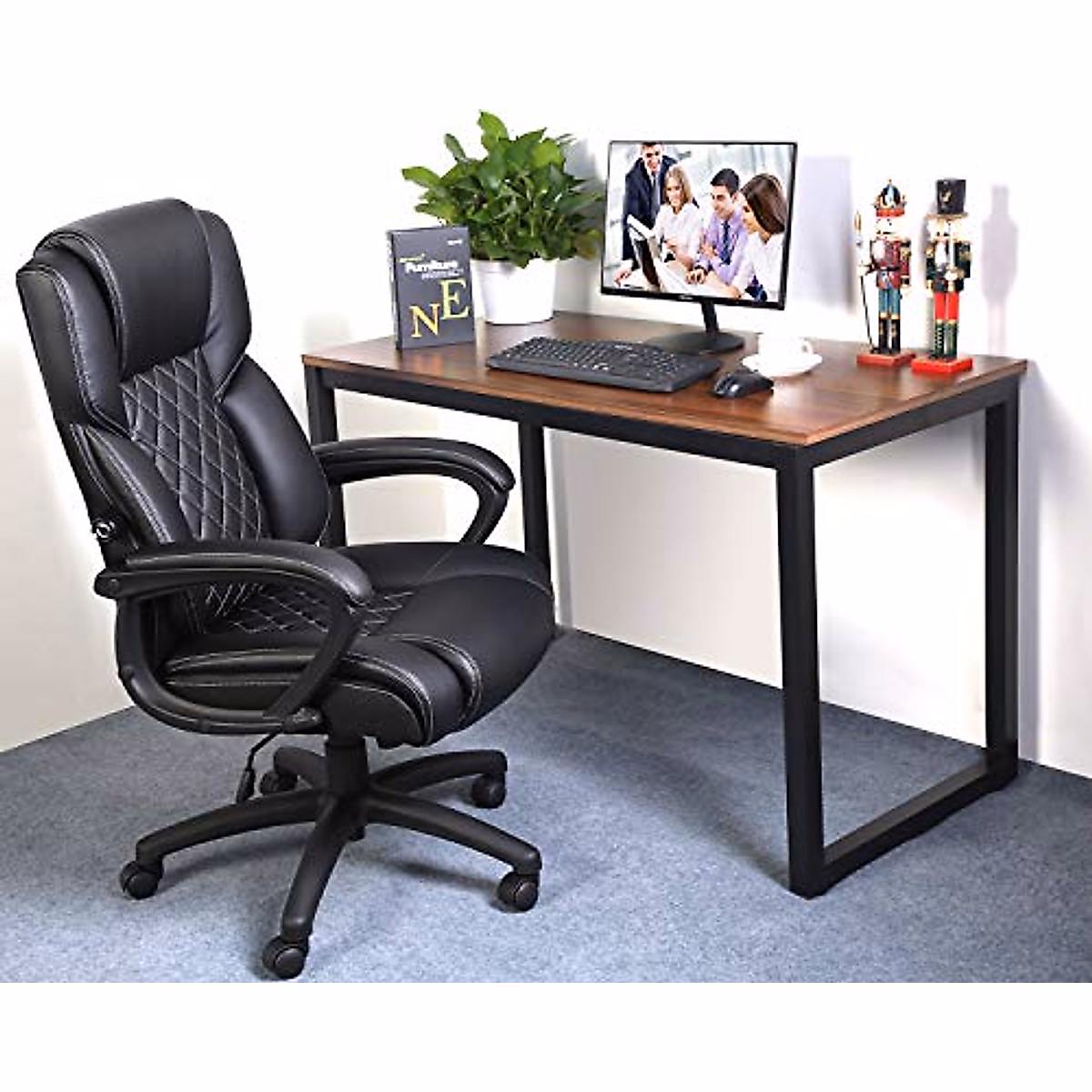 BOWTHY Executive Massage Office Chair with Heated,45°Reclining Ergonomic Office Chair with Footrest,High Back Computer Desk Chair with Wheels,Diamond-Stitched Cushion Leather Office Chair (Grey