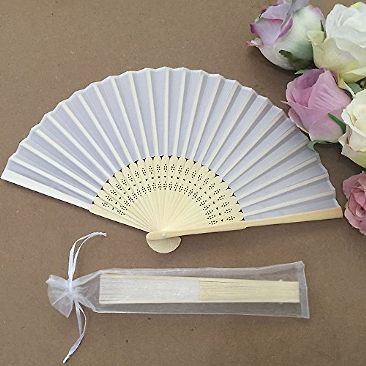 Teanfa Gift Bags 50pcs White Drawstring Organza Folding Hand Fan Pouch Party Wedding Favor Gift Wrapping Supplies 2 x 10 Inches