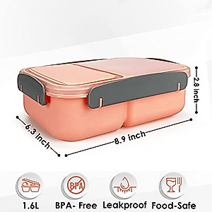Cerlaza Bento Lunch Box Containers for Adults, Leak Proof Meal Prep Containers with 2 Compartments Dividers and Spoon, BPA-Free and Food-Safe Materials - Pink