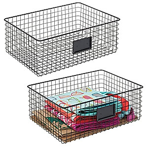 mDesign Wide Steel Wired Storage Organizer Bin Baskets with Label Slot for Kitchen Pantry, Cabinet, Organizing Holder for Food, Drinks, Snacks, Produce, Omaha Collection, 2 Pack, Matte Black