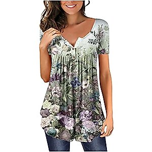Womens Tops Hide Belly Tunic 2022 Summer Short Sleeve T Shirts Cute Flowy Henley Tshirt Casual Dressy Blouses for Leggings, Green-03, X-Large