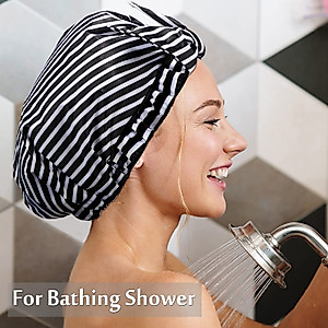 2 Pieces Shower Caps for Women, Waterproof Reusable Shower Hair Caps Elastic Hem Shower Bath Caps for Long, Short and Curly Hair for Women Girls (Black Dot and Stripe)