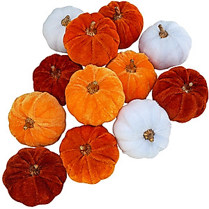 Winlyn 12 Pcs Assorted Small Harvest Faux Velvet Pumpkins Decorative Fabric Pumpkins Foam Pumpkins in Rust Orange White for Fall Wedding Halloween Thanksgiving Table Centerpiece Mantel Farmhouse Décor