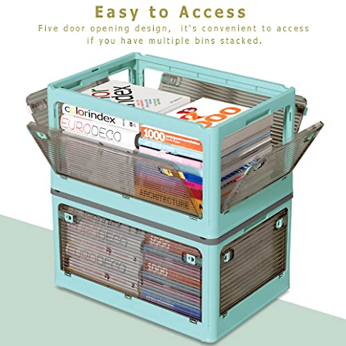 KISYONGUS 2 Pack 15Gal Large Capacity Storage Bins with Lids, Five-Door Stackable Storage box with wheels, Plastic Foldable Storage Boxes for Closet Storage Organization, 55L