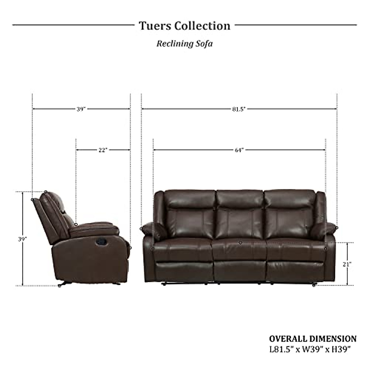 Lexicon Tuers Manual Double Reclining Sofa, Brown