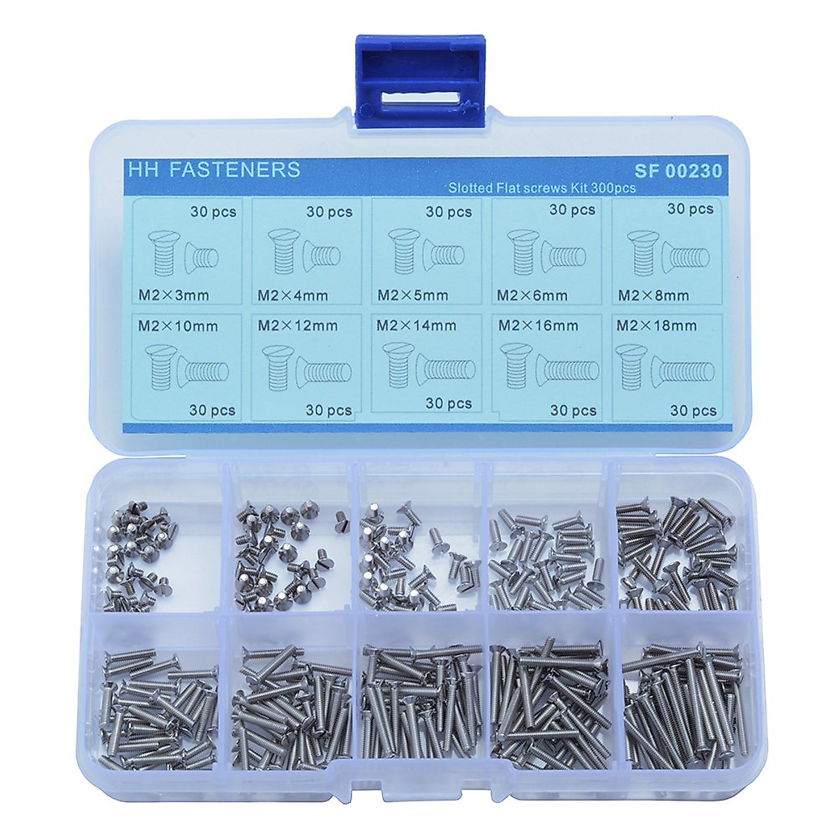 M2 Stainless Steel Slotted Flat Head Machine Screws Qty 300-piece Assortmrnt Set M2x3 M2x4 M2x5 M2x6 M2x8 M2x10 M2x12 M2x14 M2x16 M2x18mm