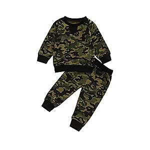 SCEINRET Baby Boys Camouflage Outfits, Long Sleeve Round Neck Sweatshirt + Elastic Waist Camo Long Trousers (Army Green, 2T)