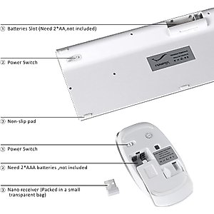 Wireless Keyboard and Mouse - FENIFOX USB Slim 2.4G Wireless Keyboard Mouse Combo Full-Size Ergonomic Compact with Number Pad for Laptop PC Computer Windows mac- Silver White