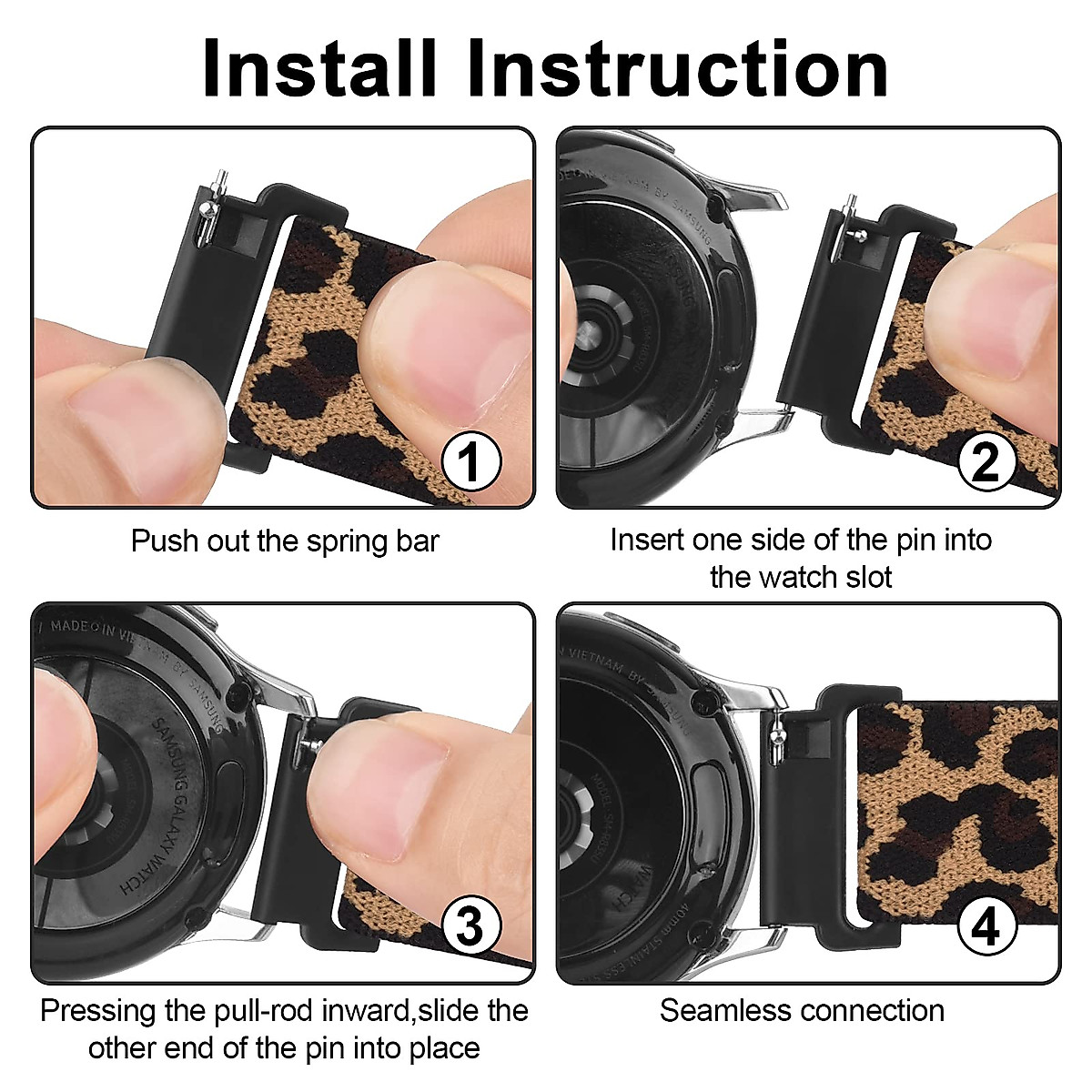 Wanme Elastic Bands for Samsung Galaxy Watch 4 40mm 44mm, Galaxy Watch 4 Classic 42mm 46mm, Galaxy Active 2 Band, 20mm Adjustable Soft Stretch Wristband for Galaxy Watch 4/Active 2 (Leopard)