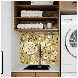 HAOKHOME Vintage Roses Floral Peel and Stick Wallpaper Peonies Removable Yellow/Beige/Olive Vinyl Self Adhesive Mural 17.7in x 9.8ft