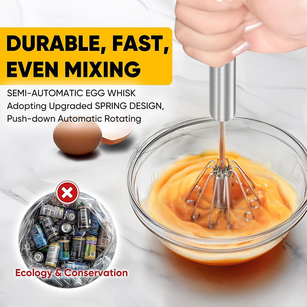 OOKUU Stainless Steel Egg Whisk, Whizzy Whisk, Semi Automatic Whisk Blender for Home - Versatile Tool for Egg Beater, Hand Push Whisk Blender, for Blending, Whisking, Beating & Stirring (12in)