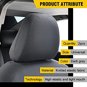 Jawmoy 2 PCS Car Seat Cushion Headrest Cover, Stretch Fabric Soft Breathable Full-Surround Dust Cover, Telescopic Opening Seat Headrest Protector, Universal Accessories for Most Cars (Dark Gray)