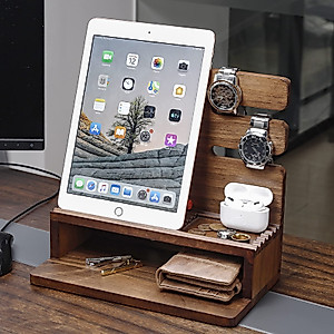 Homde Solid Wood Charging Station Storage/Nightstand for Multiple Devices Including Phone, Smart Watch, Laptop, Tablet Perfect as an Electronic Organizer Gift for Men