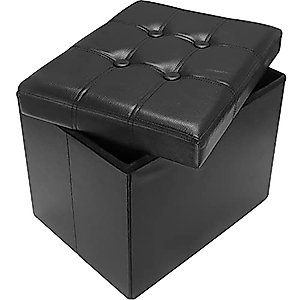 AmasSmile® Storage Ottoman Foot Rest Stool, 17 inch Folding Leather Footstool Bench, Short Ottoman Stool, Storage Foot Rest Store, Books, Records Support 330 lbs, Black