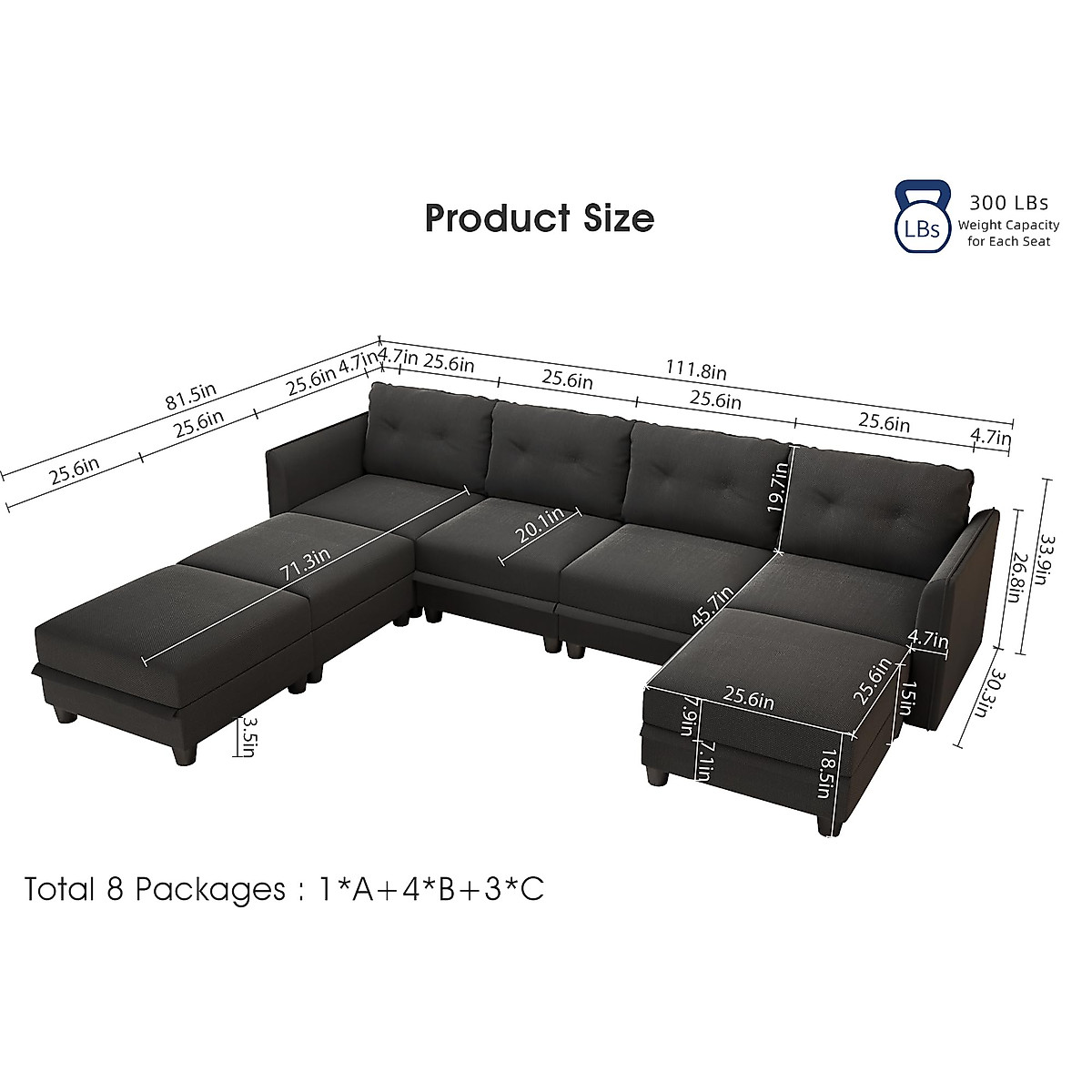 LLappuil Modular Sectional Sofa with Storage U Shaped Couch with Reversible Chaise Luxury Velvet Sofas for Living Room 4 Seats with 3 Ottomans Denim Black Grey