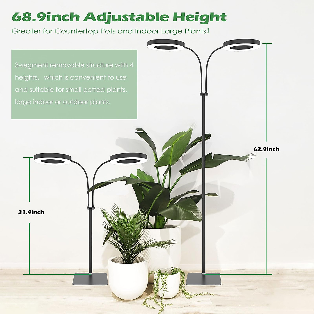 PRONORO Grow Light, 2-Head LED Floor Plant Growing Lamp, Full Spectrum Plant Light for Indoor Plants, Extended&Built-in Power Cord, Automatic On/Off Timer, 6-Level Dimming, Adjustable Height of 63 in