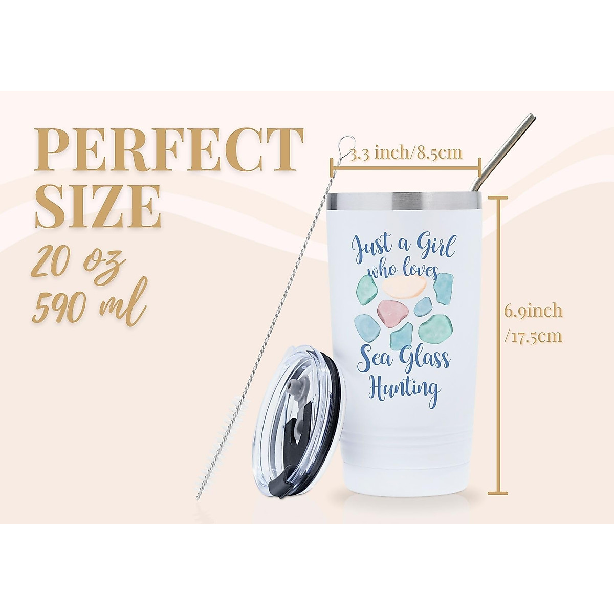 Onebttl Sea Glass Collector Gifts for Women, Tumbler Travel Coffee Mug, Stainless Steel Insulated with Lid 20oz/590ml