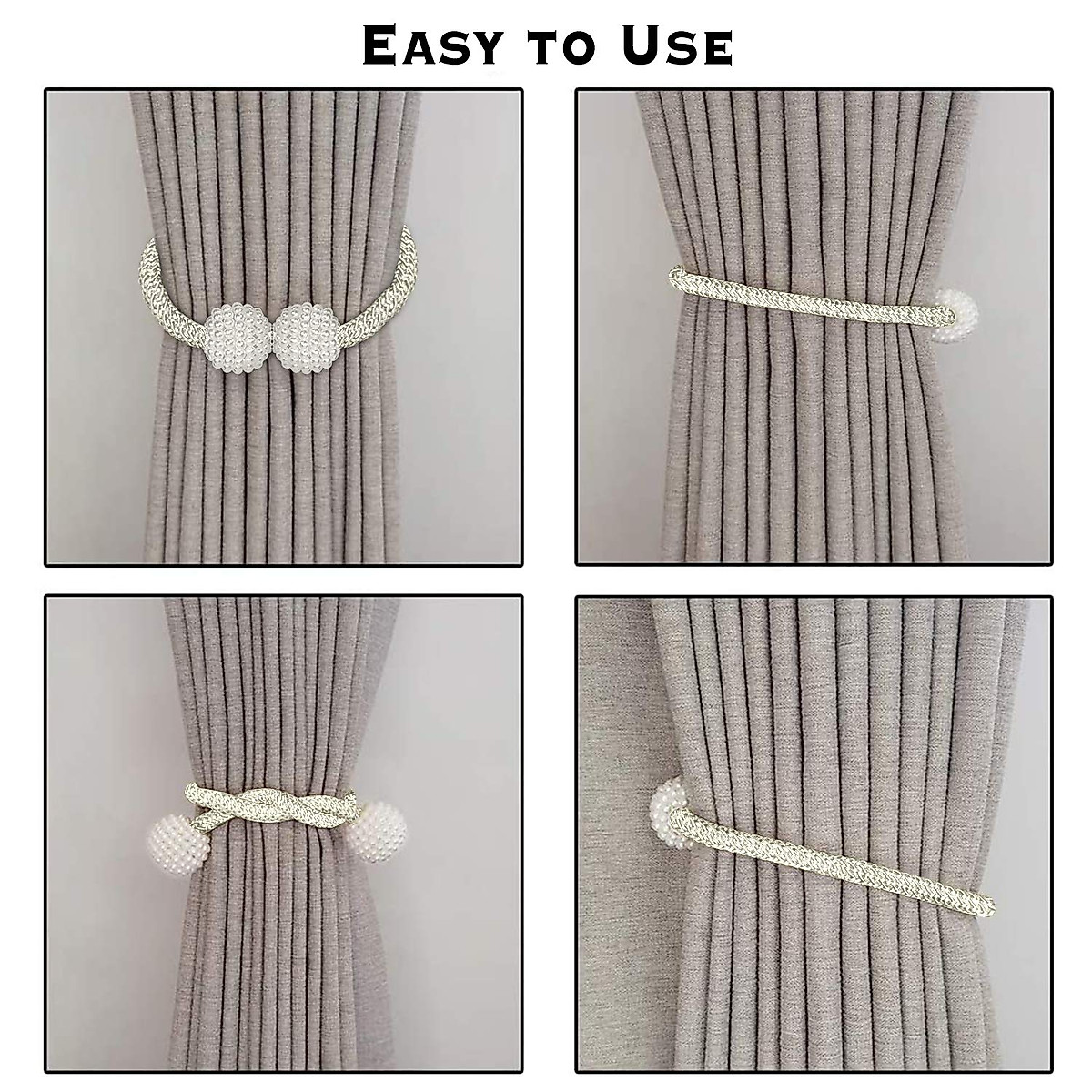 8 Pack Curtain Tiebacks, Drape Tie Backs Decorative Curtain Holdbacks Holder Magnetic Curtain Tiebacks for Window Draperies, No Tools Required- Square and Pearl Shape (Beige)