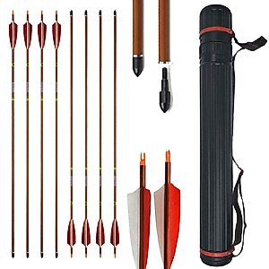 SHARROW 6/12pcs Archery Pure Carbon Arrows 30 inch Hunting Target Arrow 400 Spine Wood Grain Arrow Shaft GPI 7.5 with Turkey Feathers Arrow Quiver for Compound Bow Recurve Bow (Arrows+Quiver, 12pcs)