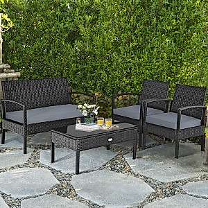 Toolsempire Outdoor Conversation Set 4 Pieces Patio Furniture, Wicker Patio Chair Sofa Set with Water-Resistant Gray Cushion & Tempered Glass Table for Backyard, Balcony, Porch(Black)