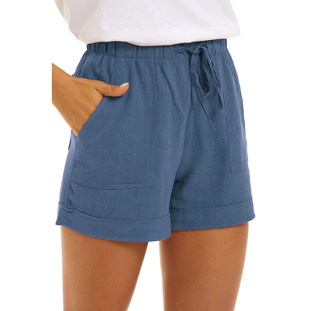 SWEET POISON Womens Tall Lounge Pants Elastic Waist Cute Travel Linen Beach wear Short Overalls Belts Lightweight Drawstring Summer Running Pants Dusty Blue XL