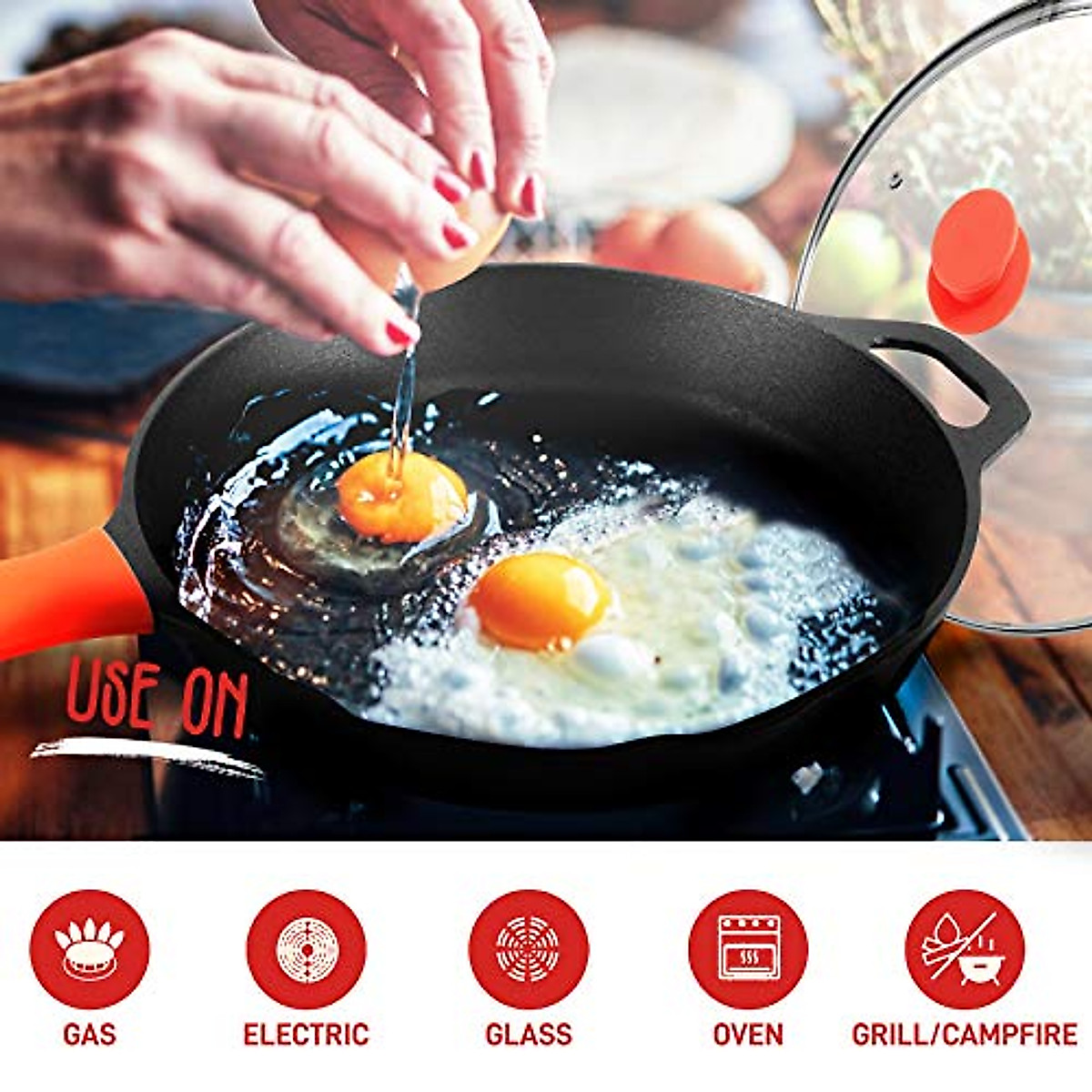 NutriChef - NCCI10 NutriChef Pre-Seasoned Cast Iron Fry Pan with Glass Lid & Silicone Handle, 10 inch, Black