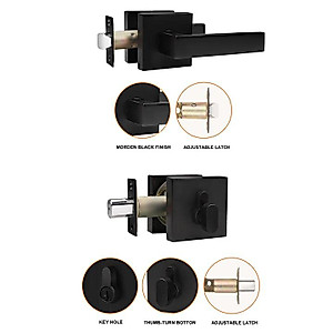 Probrico Flat Black Passage Door Lever with Single Cylinder Deadbolts Combo Pack, Modern Square Lock Set Handleset,Exterior Door Handle and Deadbolts Set,Exterior Door Lever Passage 2 Pack